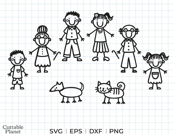 Family Of 5 Stick Figures And A Dog