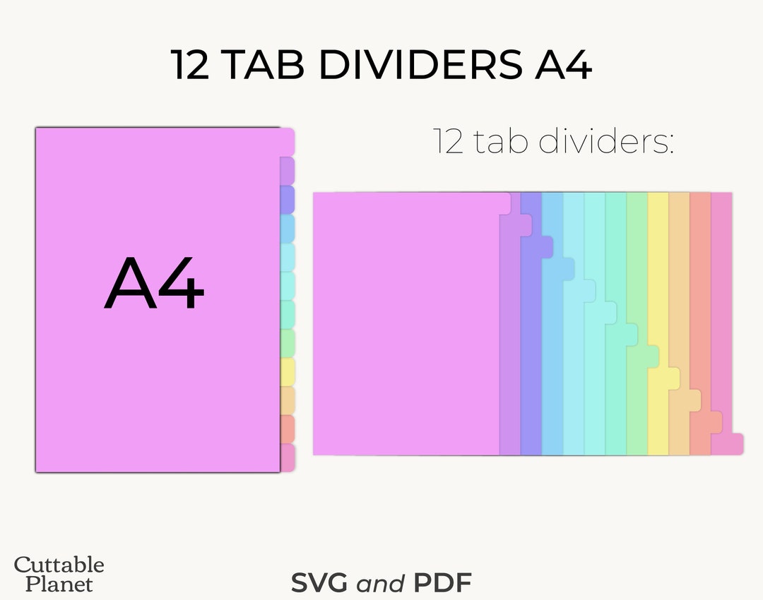 12 Tab Dividers for A4 Svg and Pdf, 12 Tab Dividers Template Svg, Instant Download, Tab Dividers ...