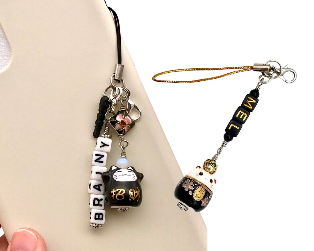 Custom Name Charm Kawaii Cat Phone Charm Black Maneki Neko Phone Charm ...