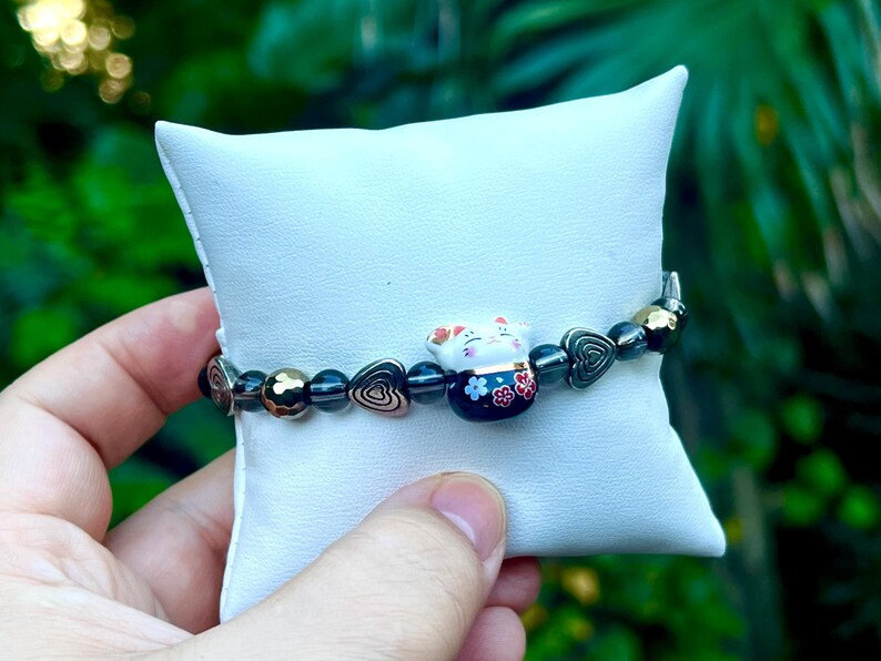 Maneki Neko Bracelet | Smoky Quartz & Hematite Lucky Cat Charm - Etsy