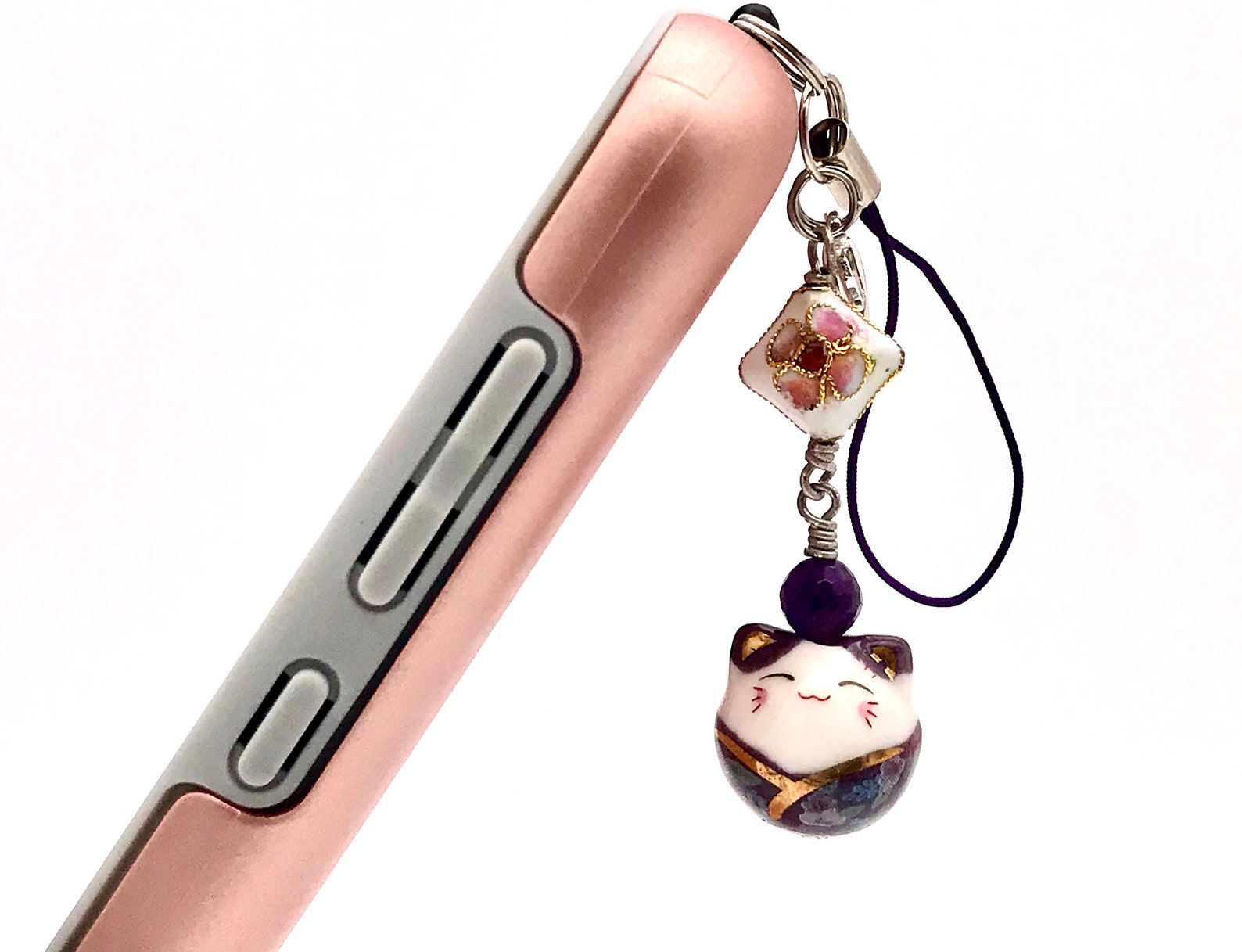 Kawaii Maneki Neko Phone Charm: Purple Lucky Cat, Gemstone Bead - Etsy