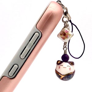 Kawaii Cat Phone Charm Purple Maneki Neko Phone Charm Purple Lucky Cat ...