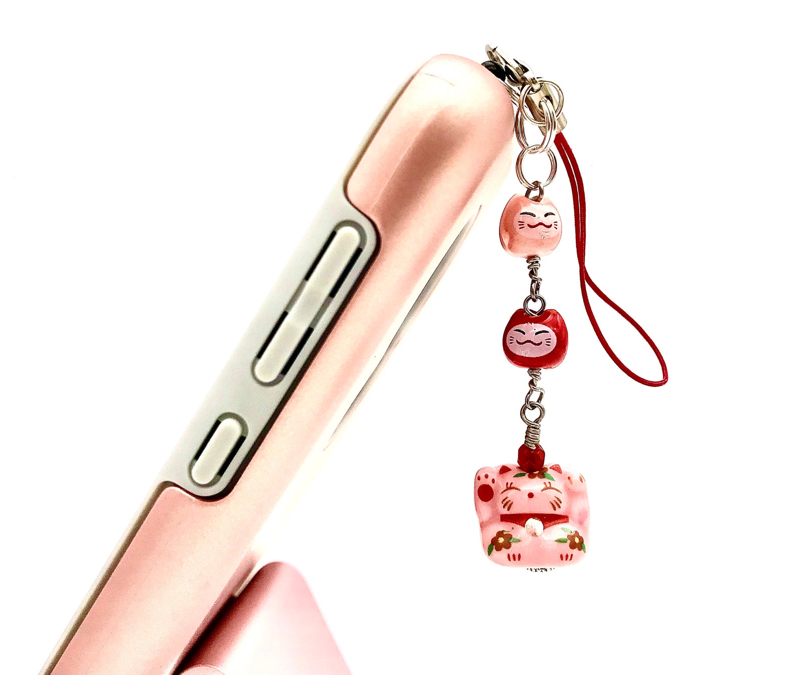 Kawaii Maneki Neko Phone Charm, Carnelian Accent – Lucky Cat Accessory ...
