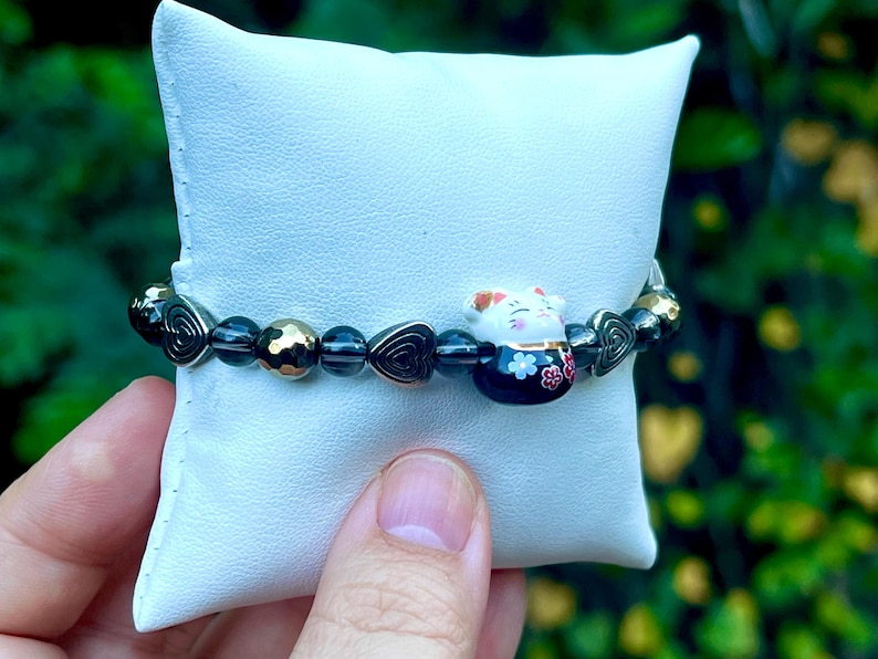 Maneki Neko Bracelet | Smoky Quartz & Hematite Lucky Cat Charm - Etsy