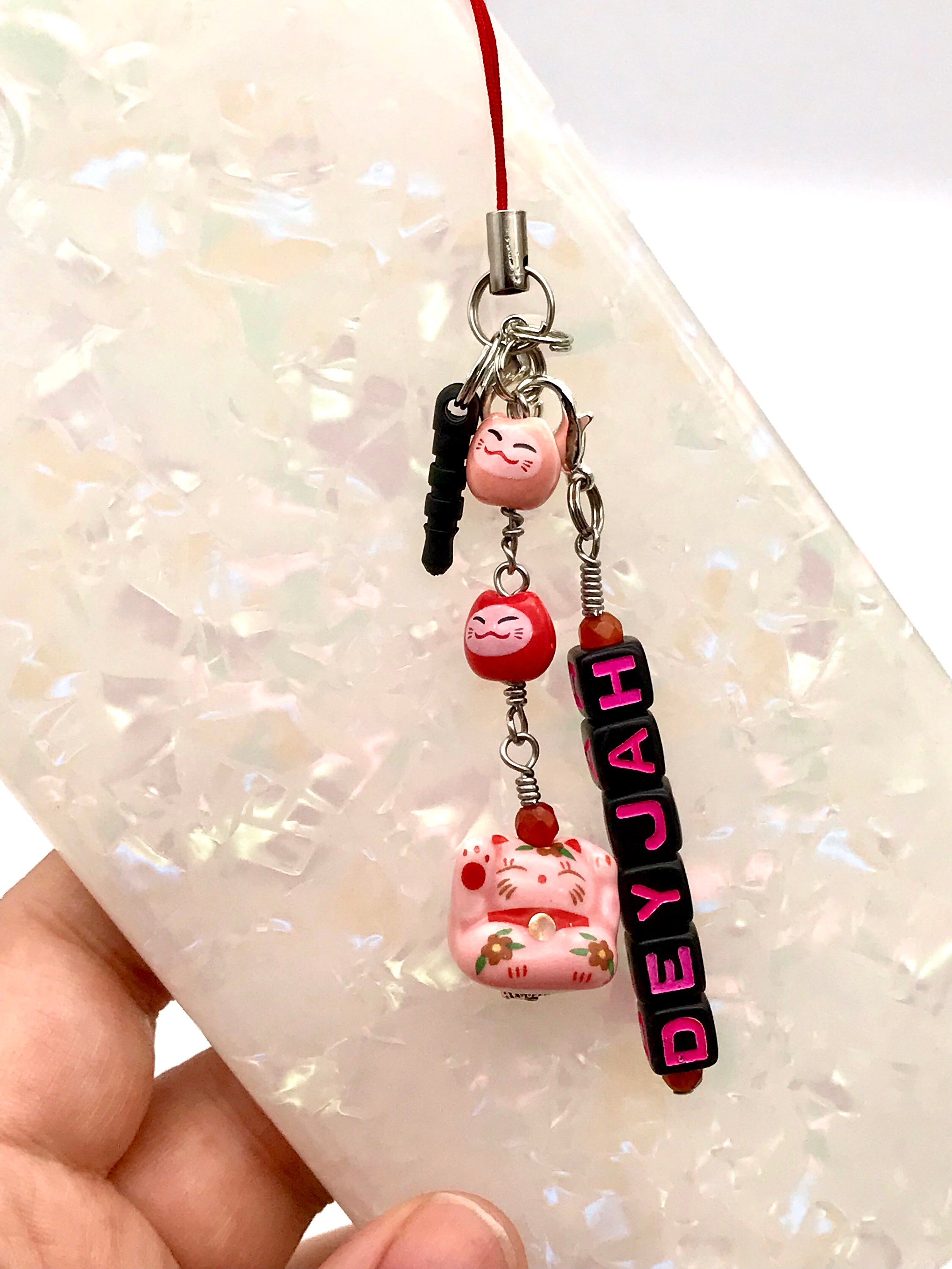 Kawaii Maneki Neko Phone Charm, Carnelian Accent – Lucky Cat Accessory ...
