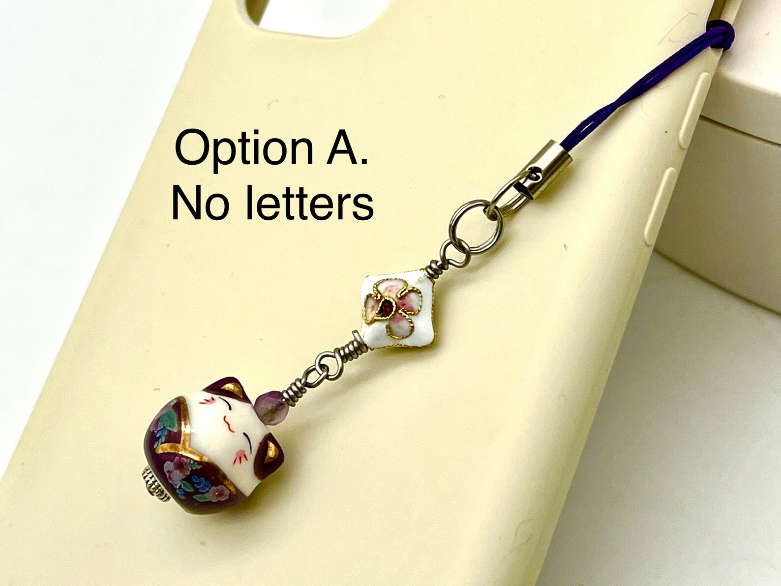 Kawaii Maneki Neko Phone Charm: Purple Lucky Cat, Gemstone Bead - Etsy