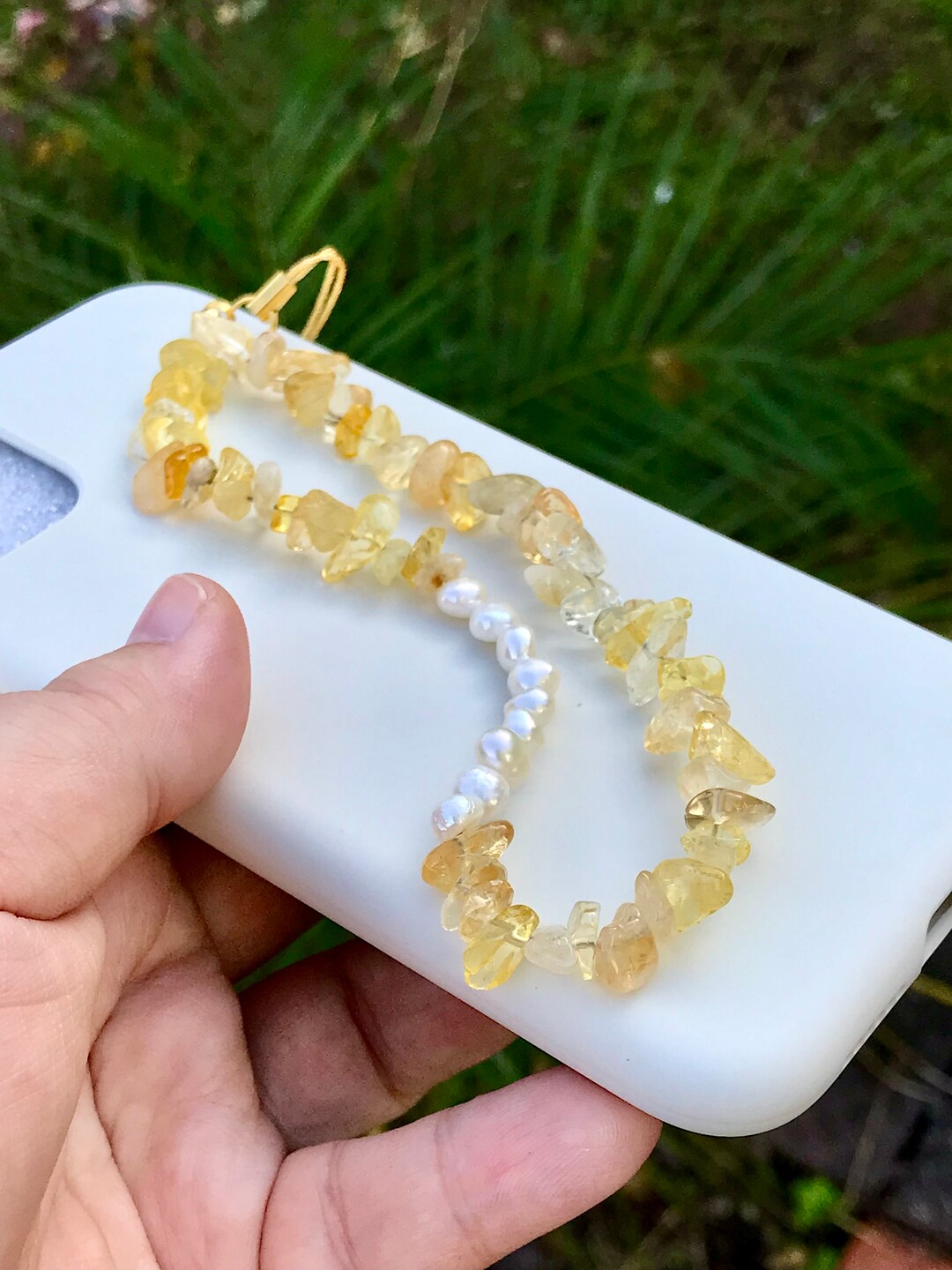 Citrine Phone Charm Strap: Natural Pearl & Gemstone Bead Chain - Etsy