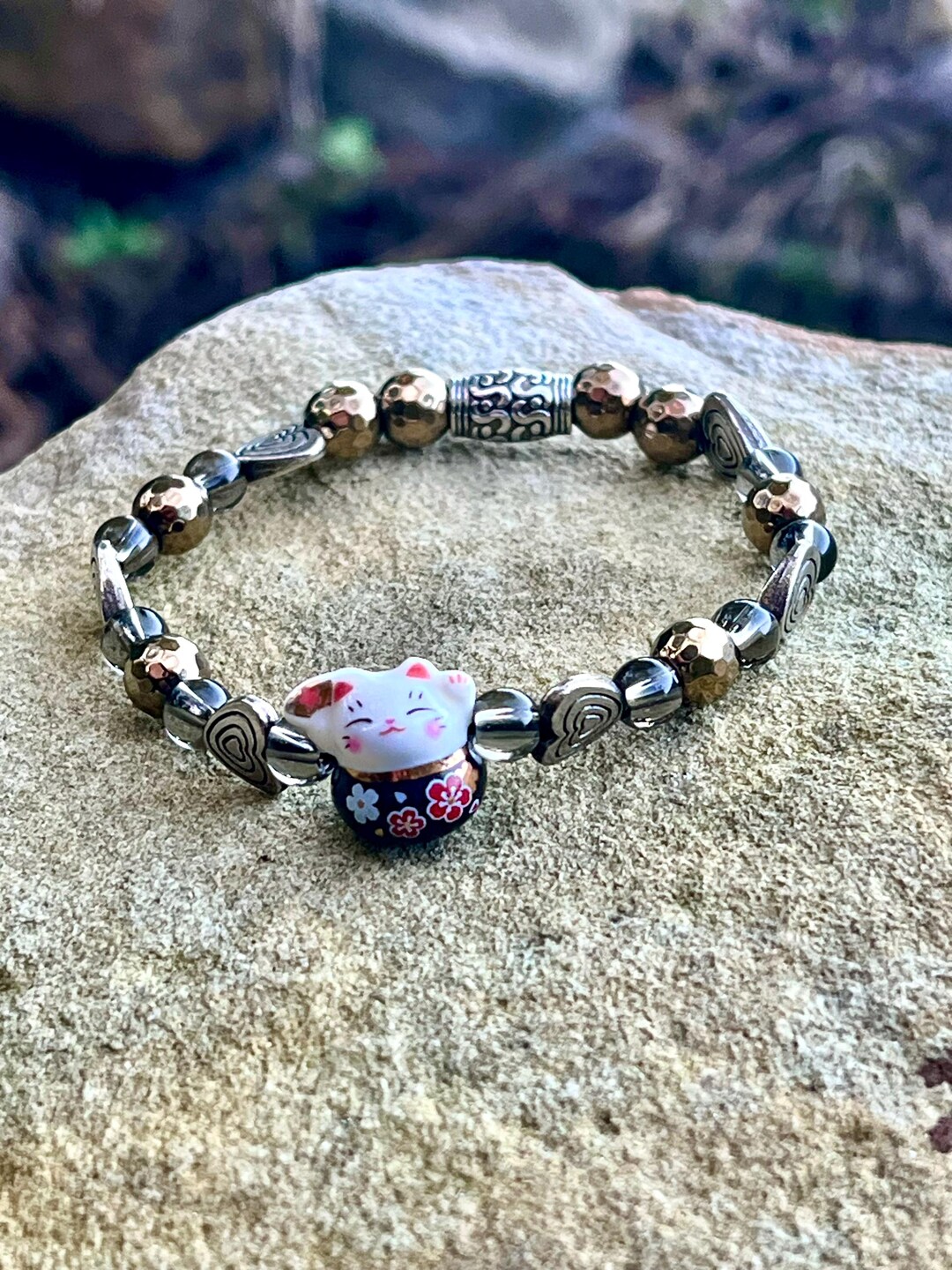 Maneki Neko Bracelet | Smoky Quartz & Hematite Lucky Cat Charm - Etsy