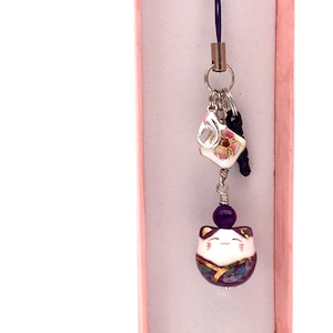 Kawaii Cat Phone Charm Purple Maneki Neko Phone Charm Purple Lucky Cat ...