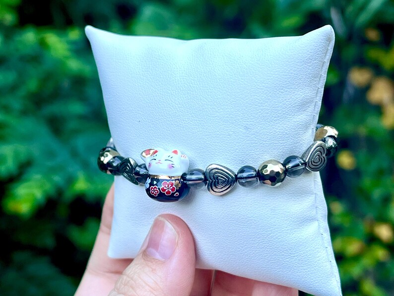 Maneki Neko Bracelet | Smoky Quartz & Hematite Lucky Cat Charm - Etsy