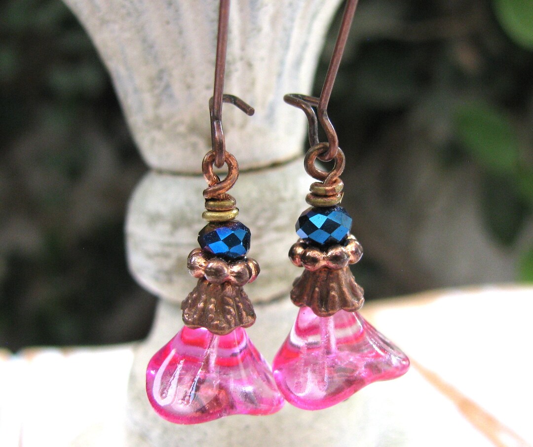 Hot Pink Trumpet Flower Brass Glass Bead Earrings, Mixed Metals, Boho ...