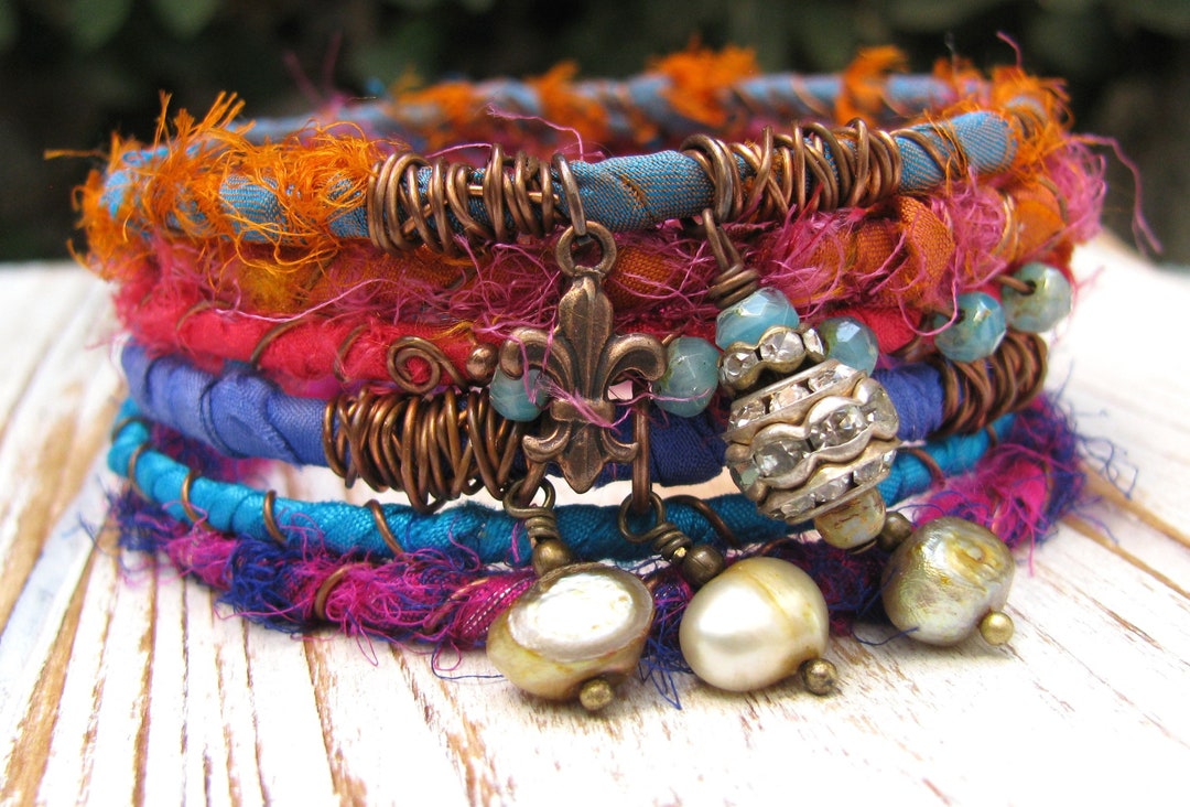 Gypsy Sari Silk Ribbon Bangle Bracelet Stack - Silk Wrapped Bangles ...