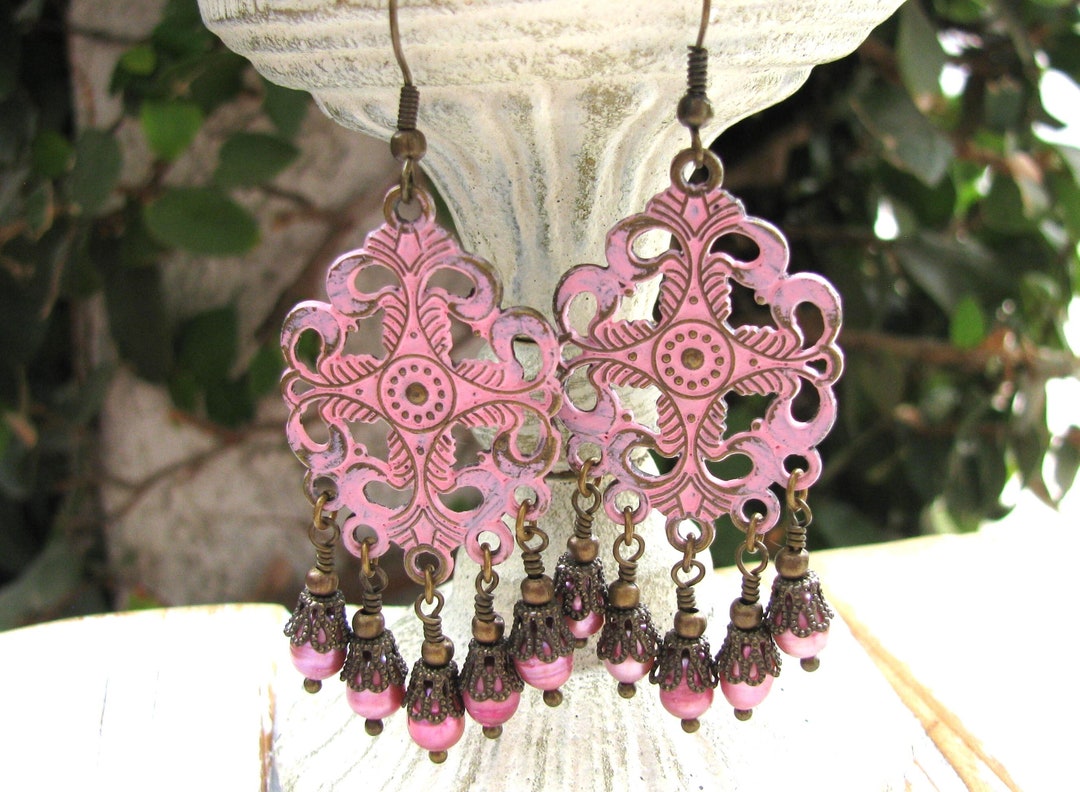 Pink Patina Freshwater Pearls Chandelier Beaded Earrings - Rustic Boho Bohemian - Rustic ...