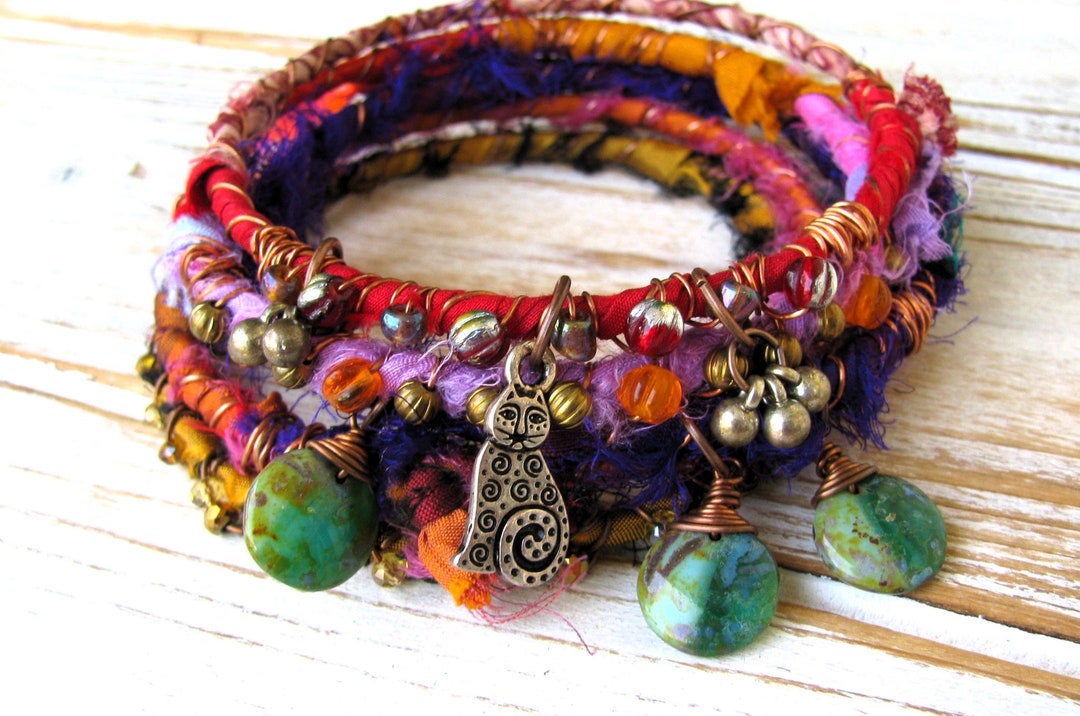 Gypsy Bohemian Sari Silk Ribbon Bangle Bracelet Stack - Silk Wrapped ...