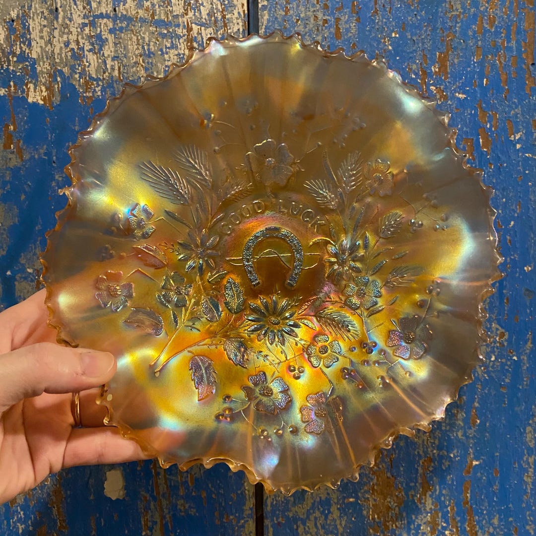 Vintage Good Luck Carnival Glass Bowl - Etsy