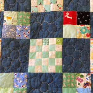 Denim Patchwork Quilt, Handmade Checkerboard Throw, 62" Square - Etsy