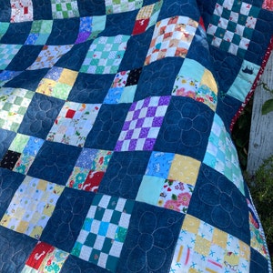 Denim Patchwork Quilt, Handmade Checkerboard Throw, 62" Square - Etsy