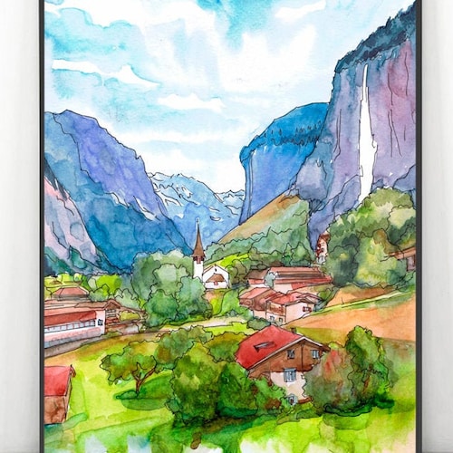 Lauterbrunnen Switzerland Painting Swiss Alps Mountain Wall - Etsy