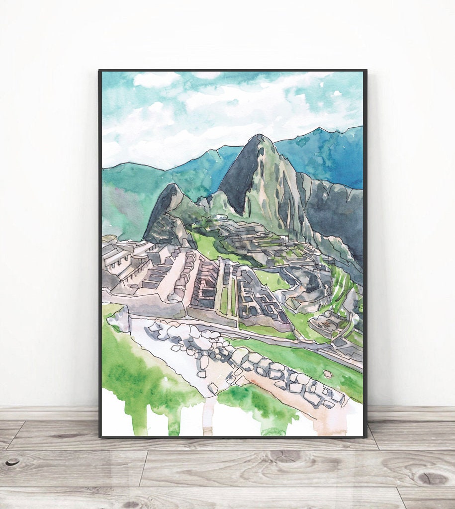 Machu Picchu Art Print Watercolor Painting Skyline | Etsy