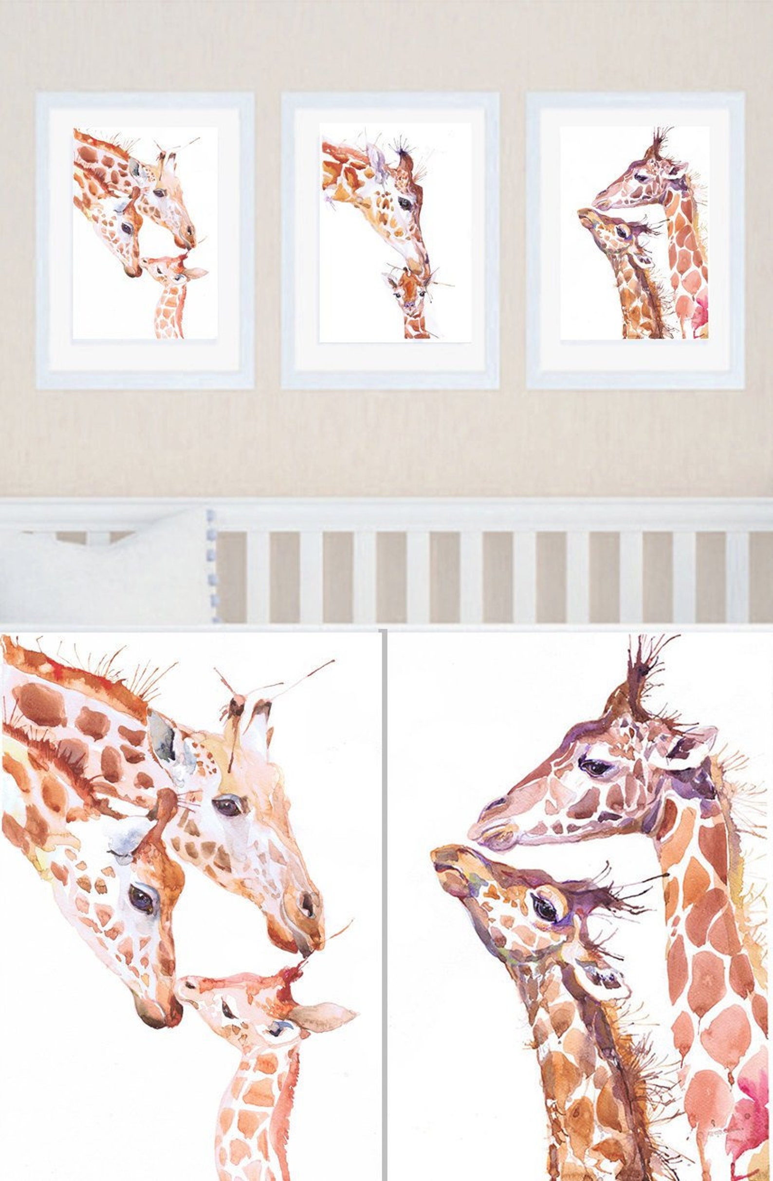 Giraffe Mother and Baby Art Print Safari Animals Watercolor | Etsy