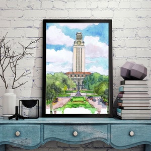 University of Texas Tower Art, Austin Skyline Watercolor Painting ...