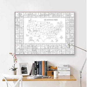 National Park Printable Map With Checklist, Black and White US Map ...