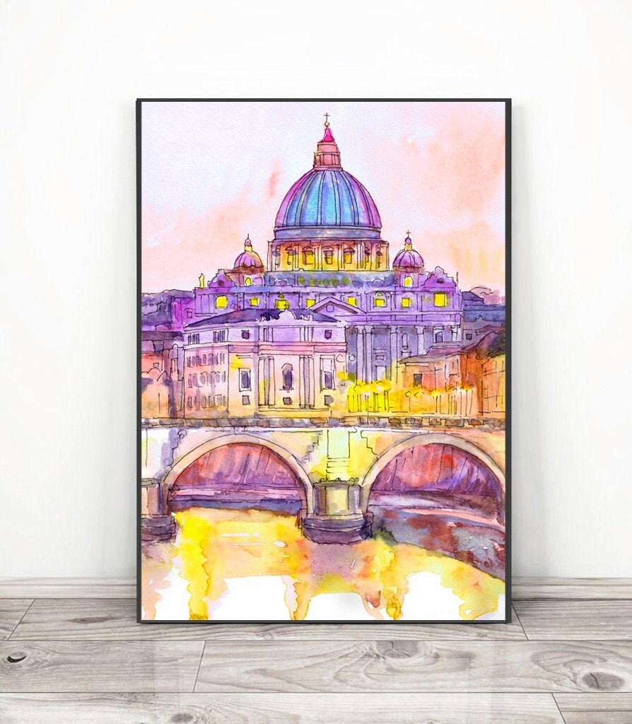 Rome Wall art Italy Europe skyline Vatican Watercolor | Etsy