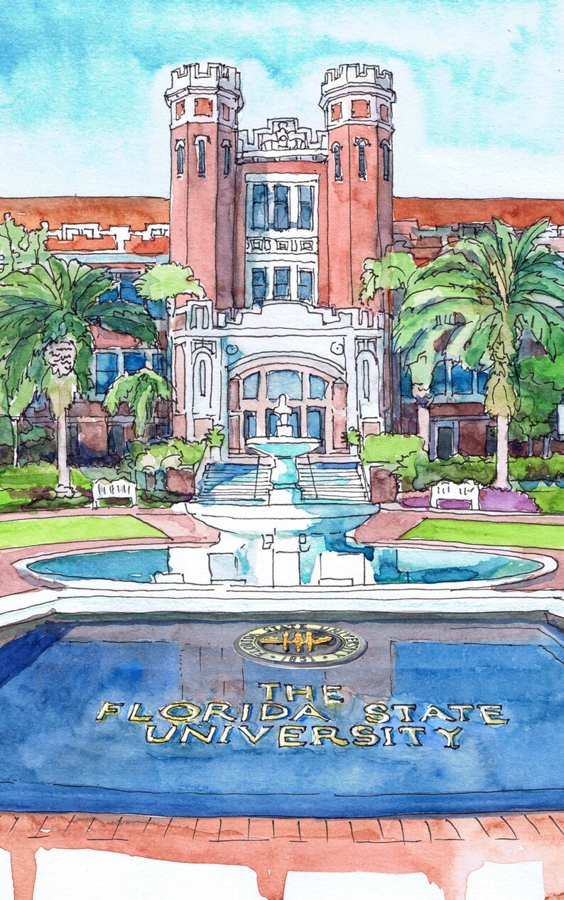 Florida State University Art Print, Watercolor Painting , Tallahassee ...