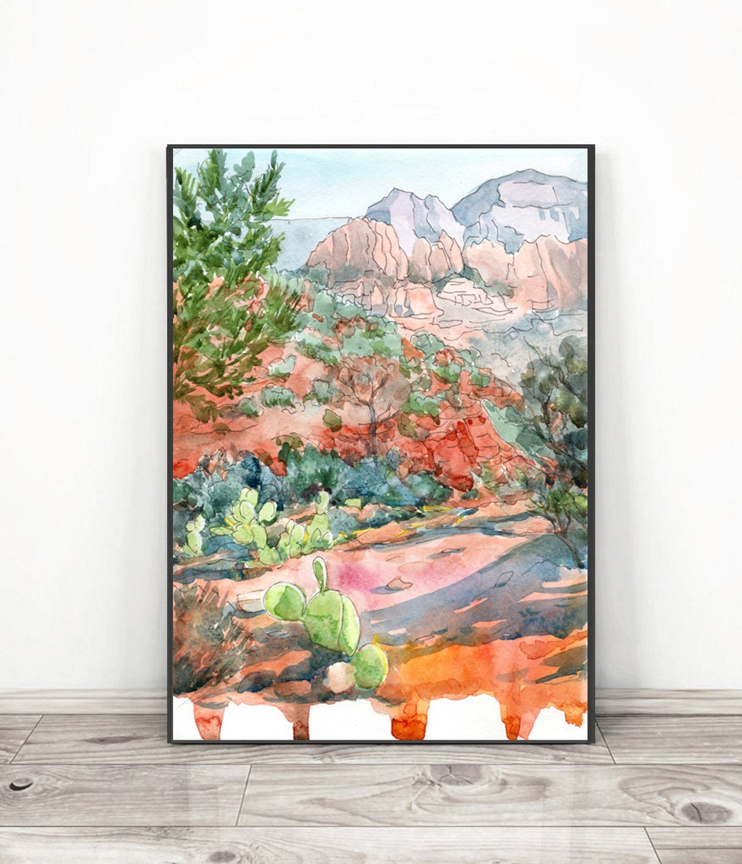 Sedona Art Print Arizona Watercolor Painting , Cathedral Rock Hiking ...