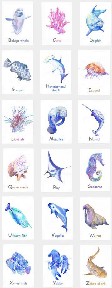 ABC Flash Cards Sea creatures Alphabet Ocean Animals | Etsy