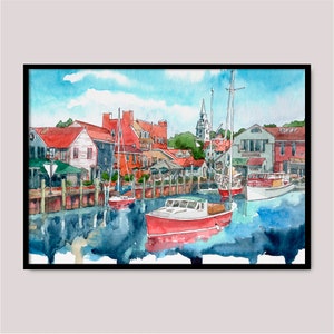 Newport Rhode Island Print , Watercolor Painting Cityscape, Bowen's ...
