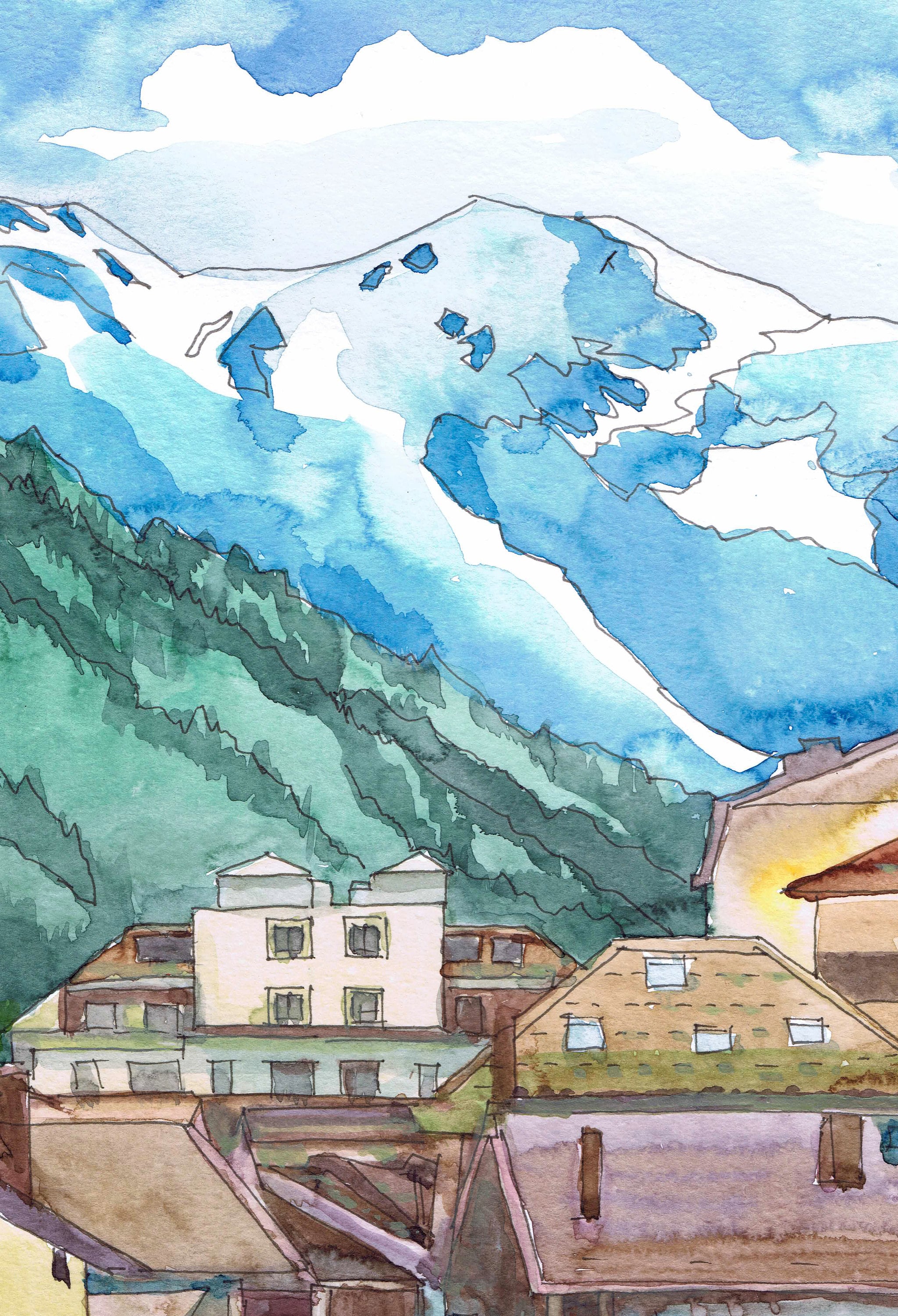 Mont Blanc Mountain Wall Art, Chamonix Watercolor Painting Print ...