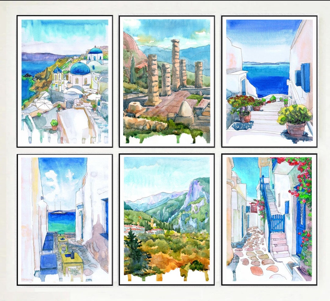 Greece Art Prints Set of 6 Greek Islands Watercolor Landscape Painting ...