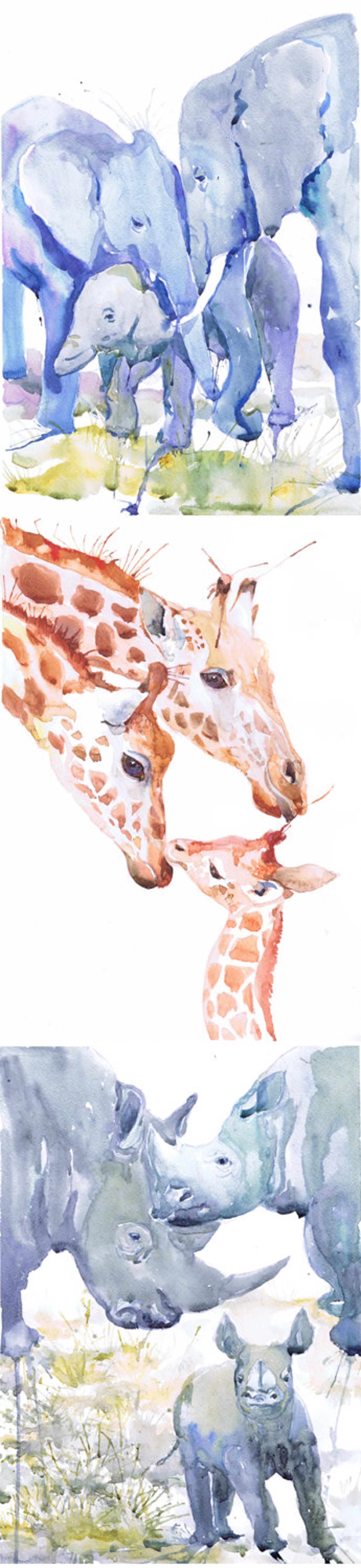 Zoo Animal Nursery Decor Family of 3, Set of 3 Prints, Watercolor ...
