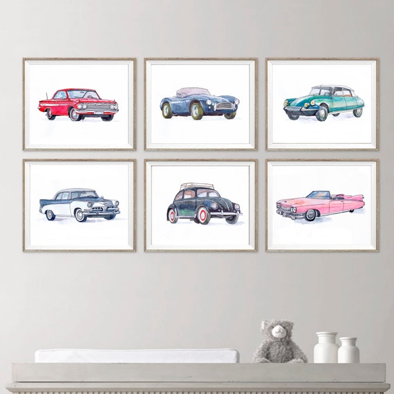 Old Car Art Gallery wall set of 6 prints Classic Car Decor | Etsy