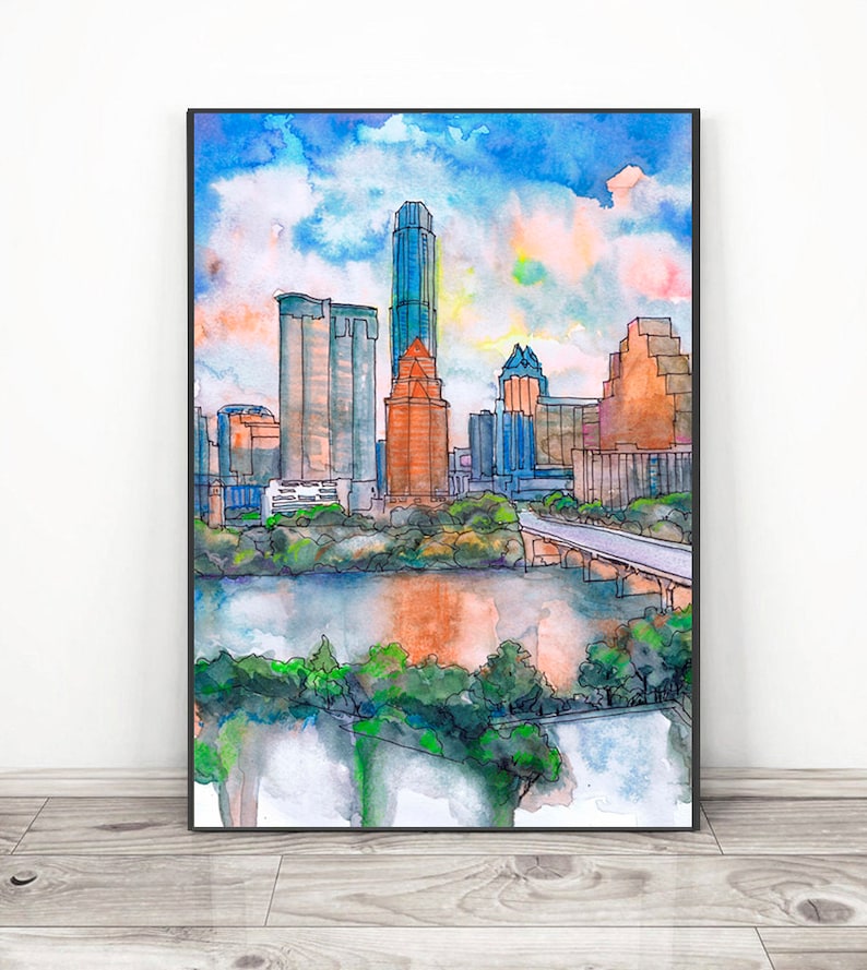 Austin Texas Wall Art Skyline, Cityscape Watercolor Painting Print, Tx ...
