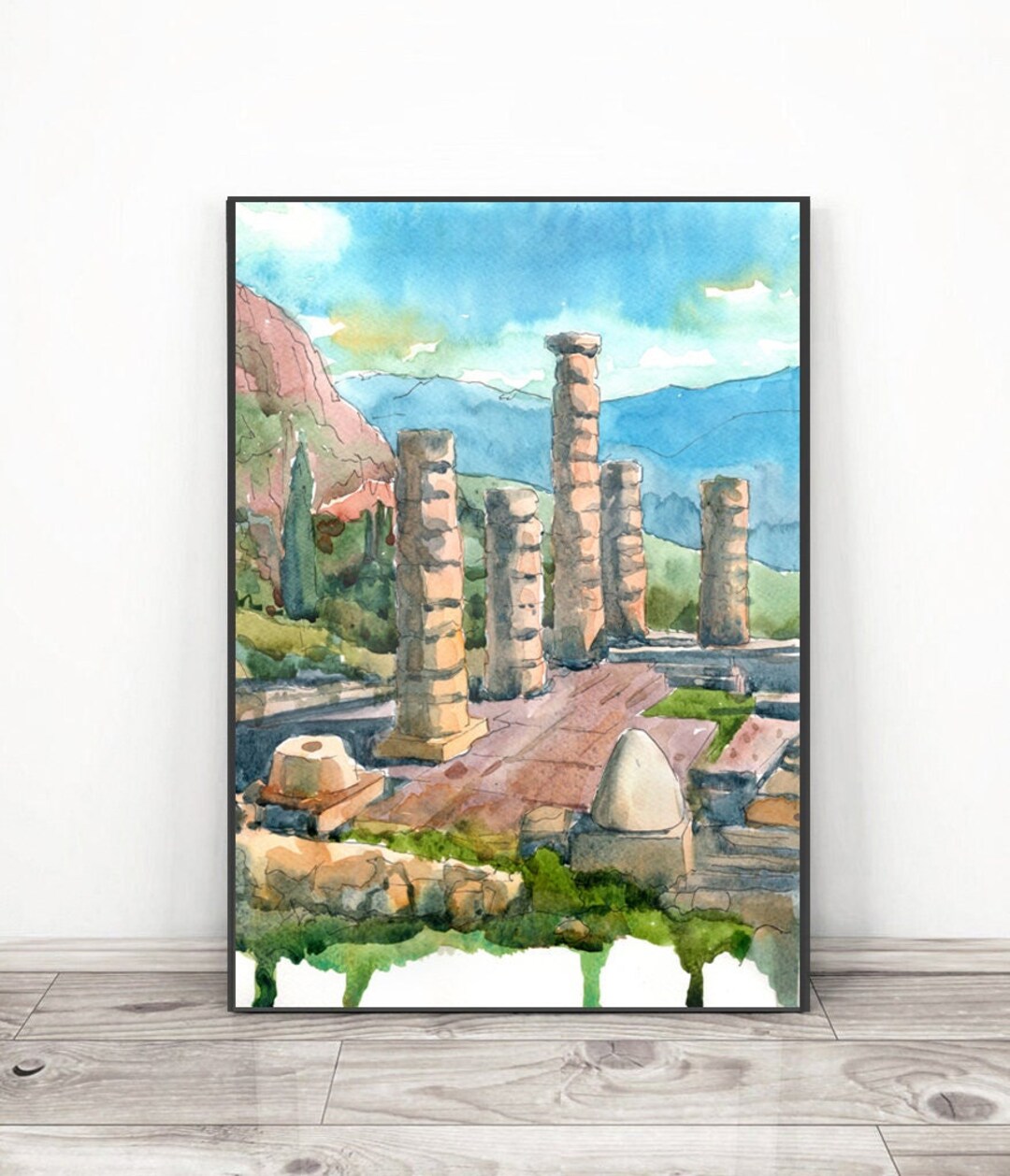 Delphi Greece Art Print, Ancient Greek Watercolor Landscape Painting ...