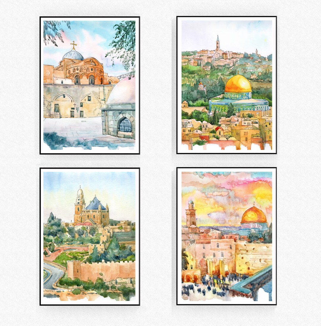 Jerusalem Art Print Set of 4, Israel Watercolor Painting Asian Travel ...