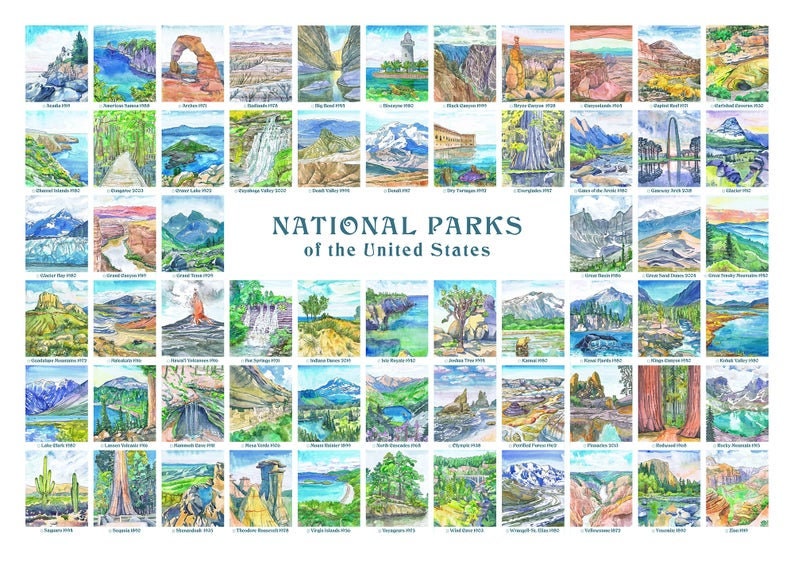 National Parks Art Gallery Wall Set of 6 Prints Watercolor | Etsy