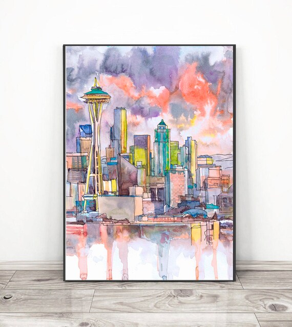 Seattle Wall Art Skyline Watercolor Painting Print Landscape - Etsy