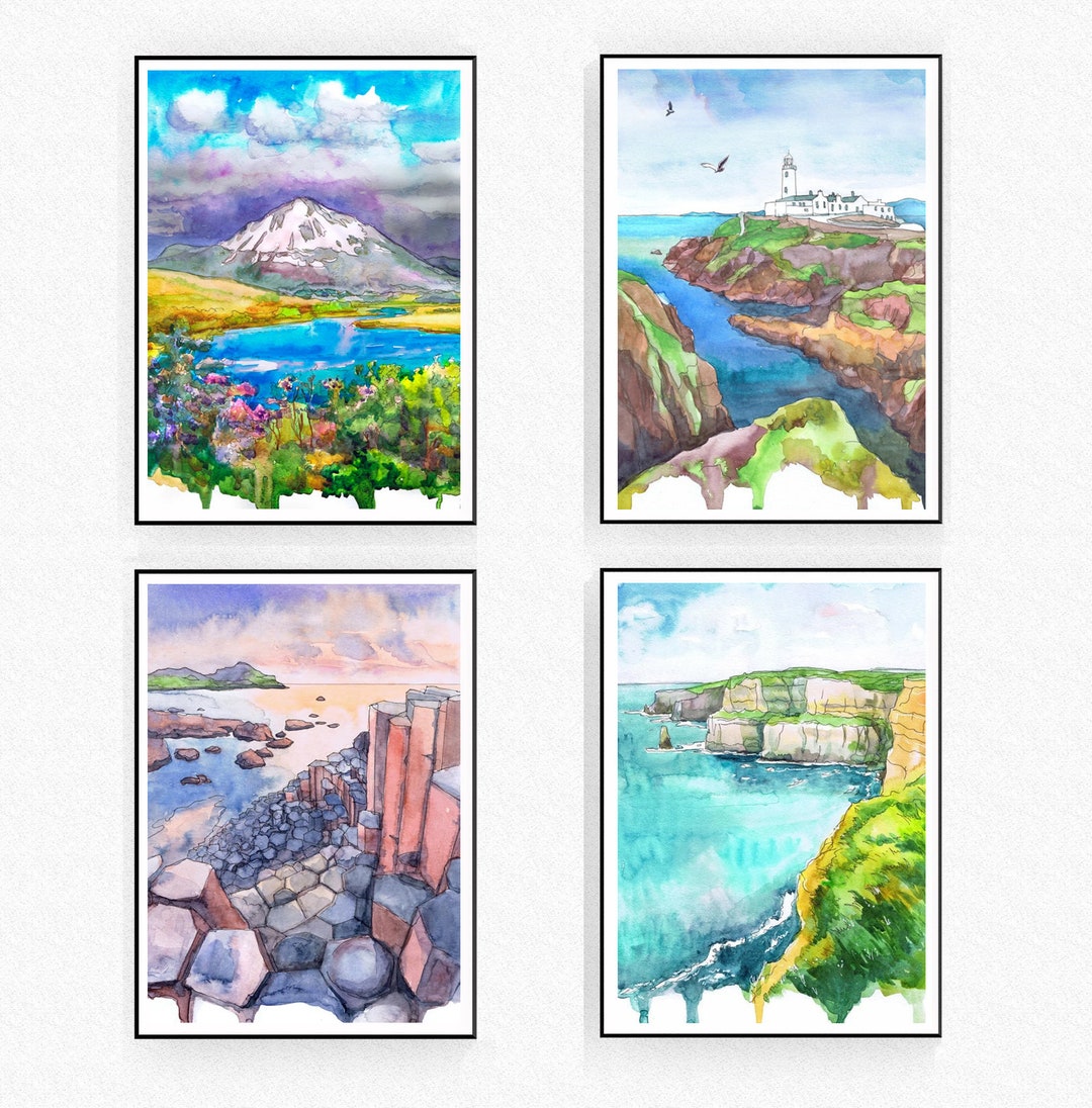 Ireland Prints Set of 4 Wall Art, Irish Watercolor Painting Landscape ...
