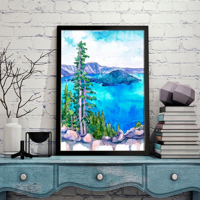 Crater Lake Oregon National Park Art Watercolor Painting Travel Poster ...