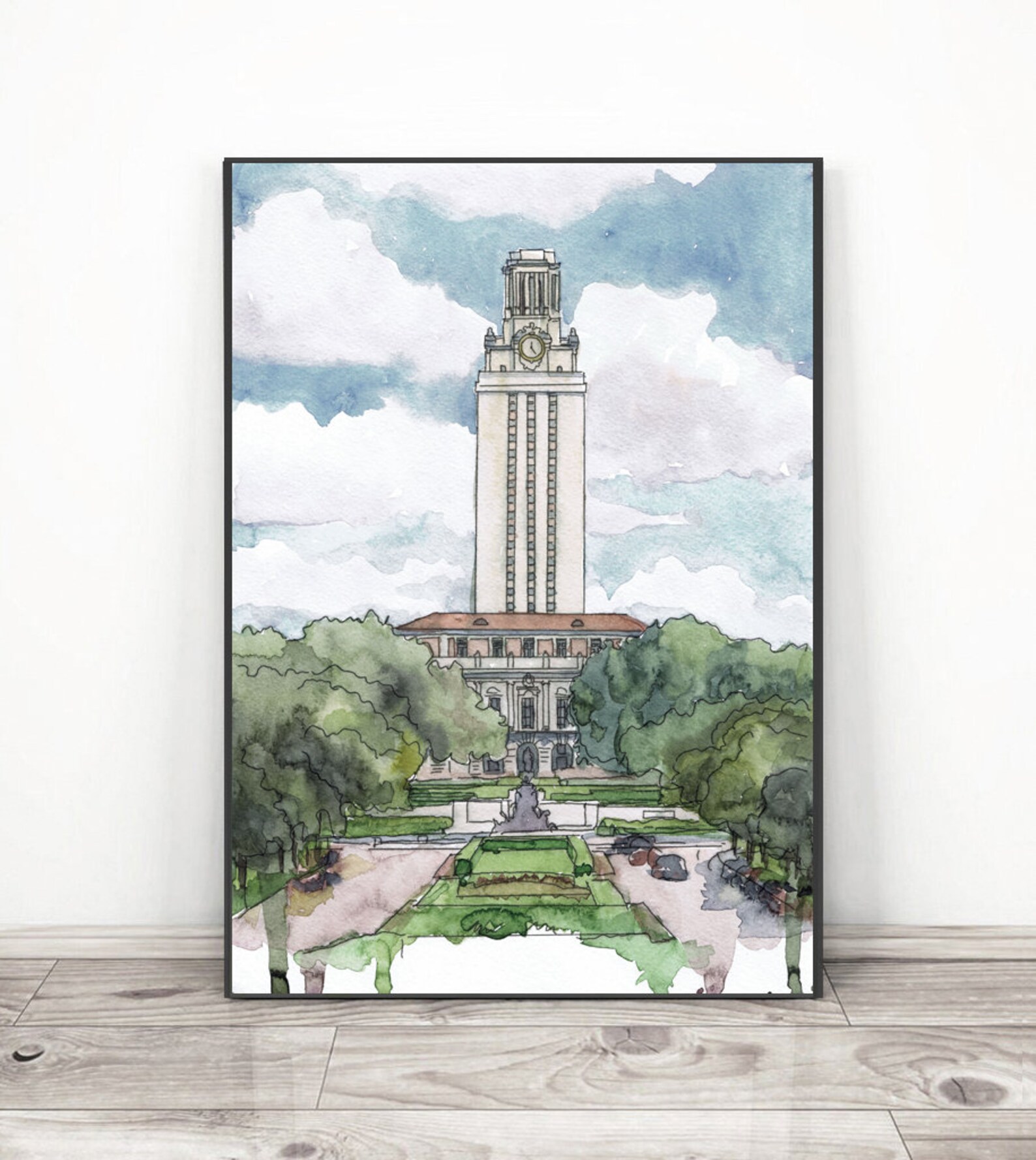 University of Texas Tower Art, Austin Skyline Watercolor Painting ...