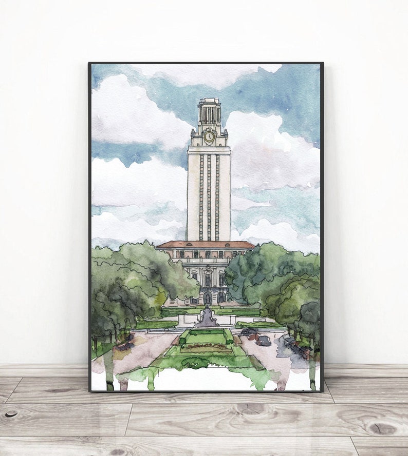 University of Texas Tower Art, Austin Skyline Watercolor Painting ...