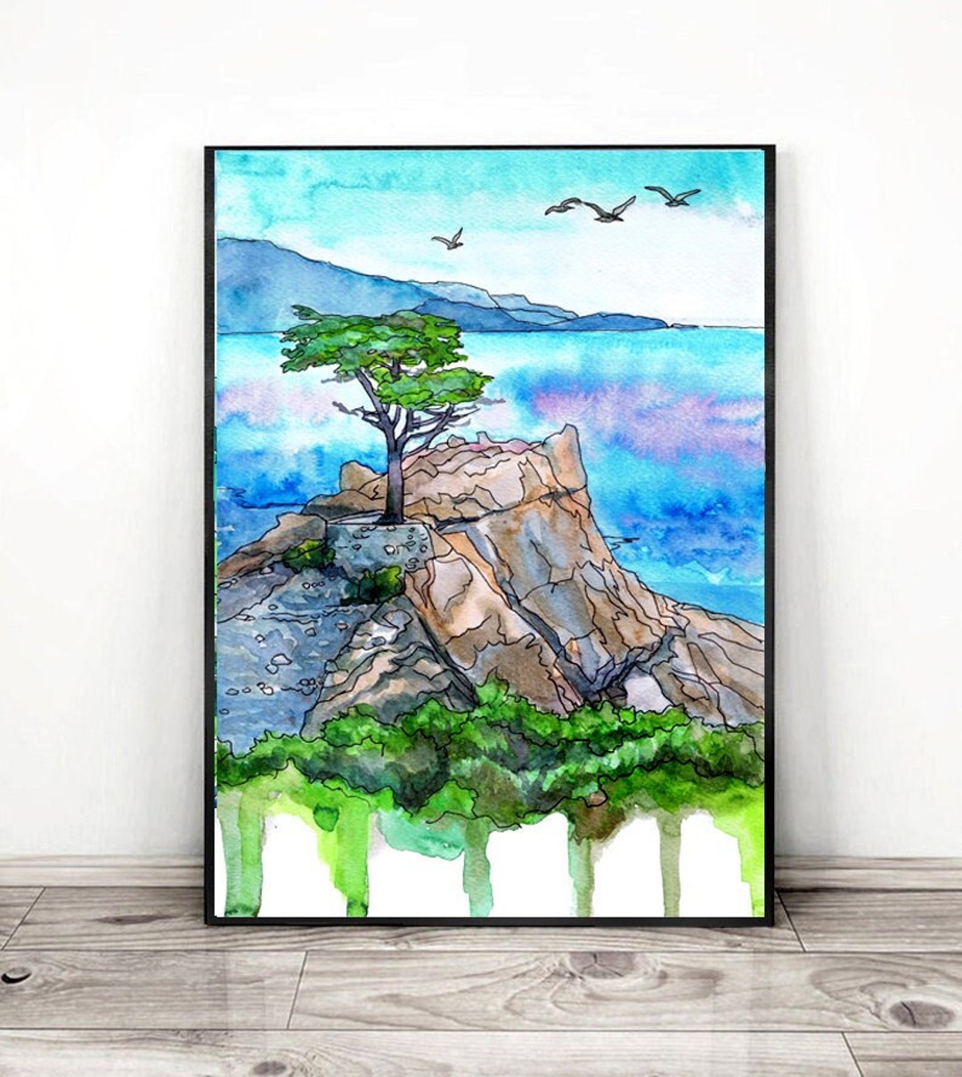 Monterey Bay Art Coastal Wall Art, California Landscape Watercolor ...