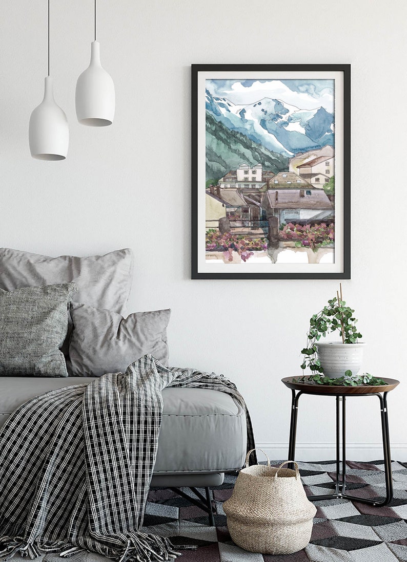 Mont Blanc Mountain Wall Art, Chamonix Watercolor Painting Print ...