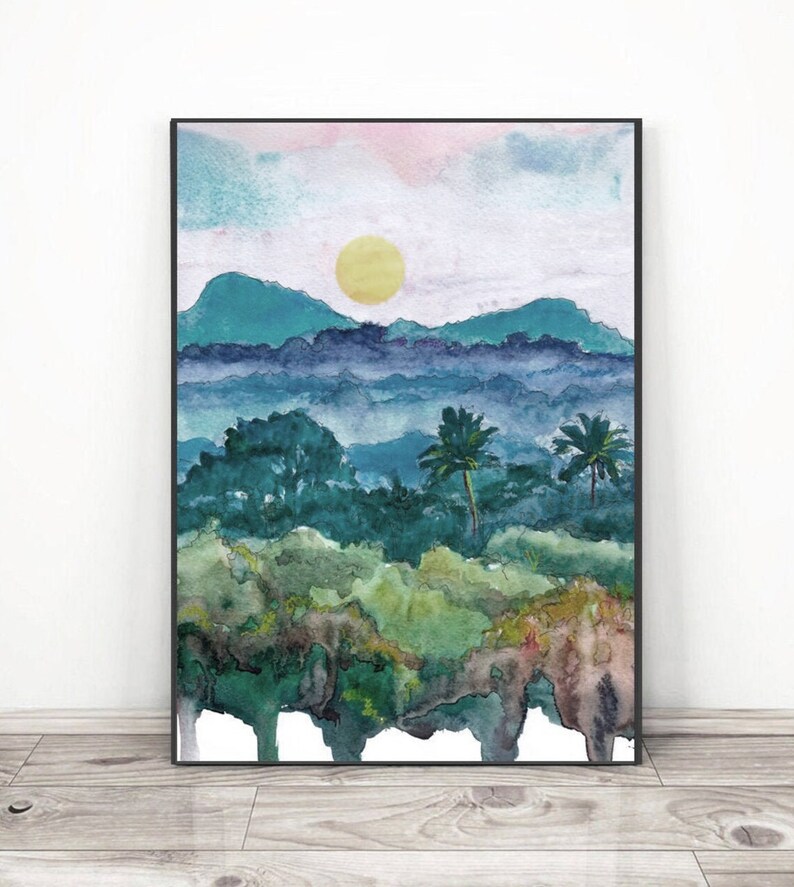 Costa Rica Art Sunset Landscape Watercolor Painting Palm - Etsy