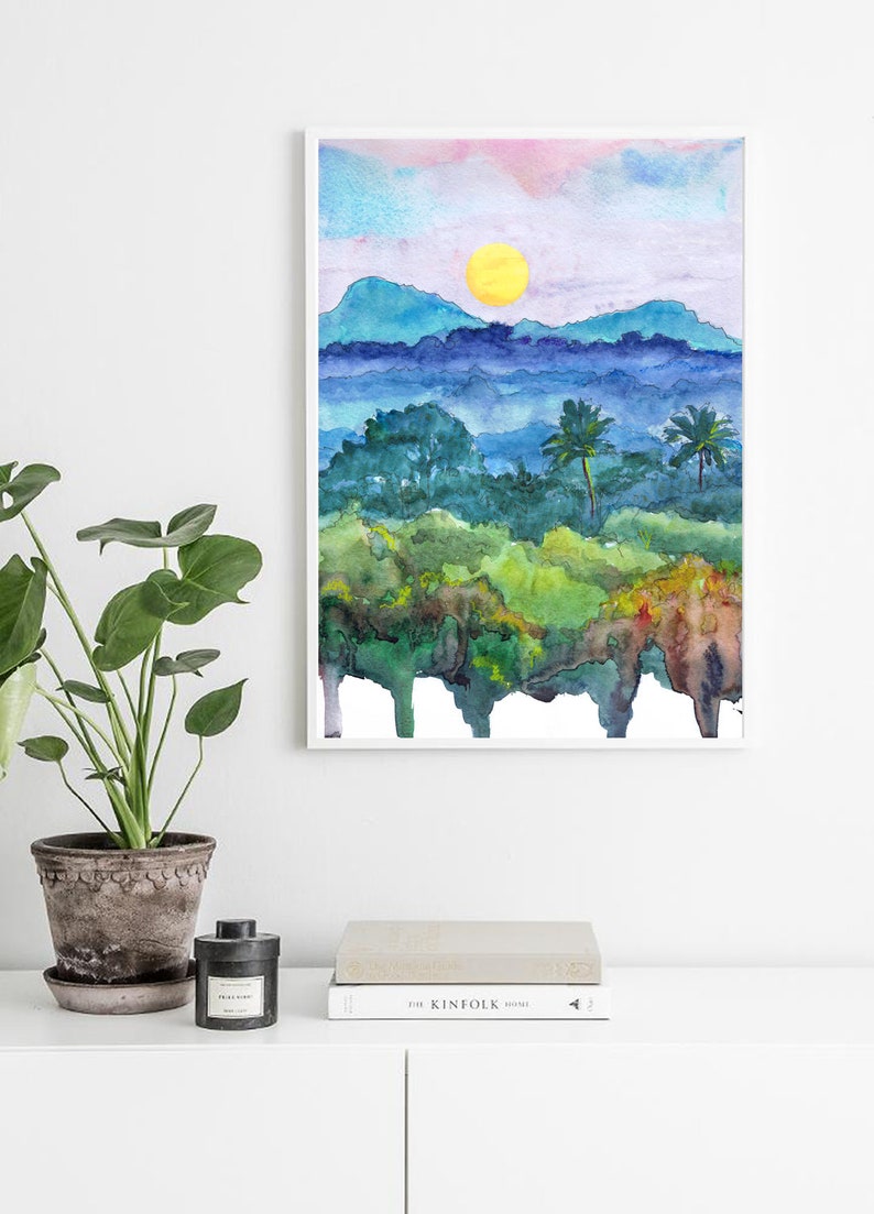 Costa Rica Art Sunset Landscape Watercolor Painting Palm | Etsy
