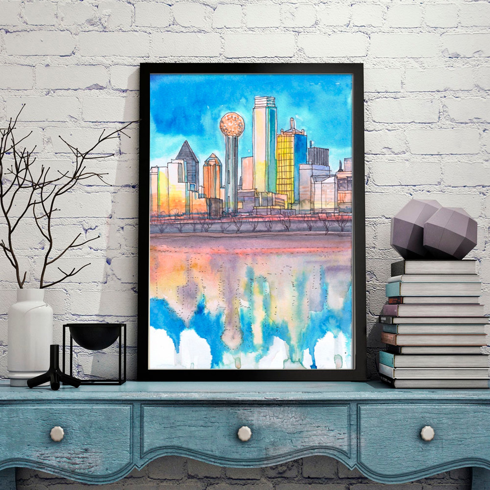 Dallas Skyline Wall Art Cityscape Watercolor Painting Print | Etsy