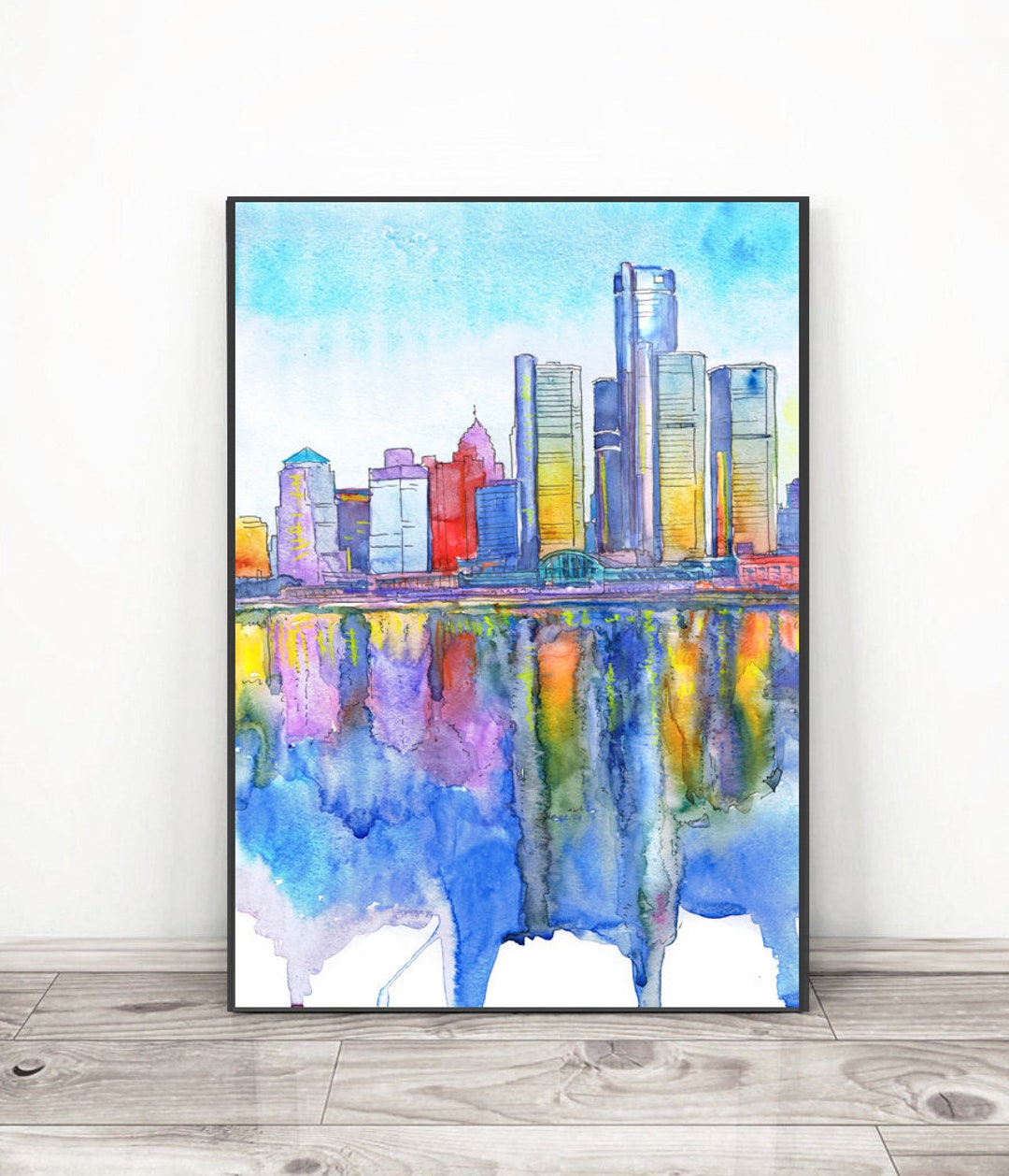 Detroit Skyline Wall Art, Michigan City Art Print, Watercolor Cityscape ...